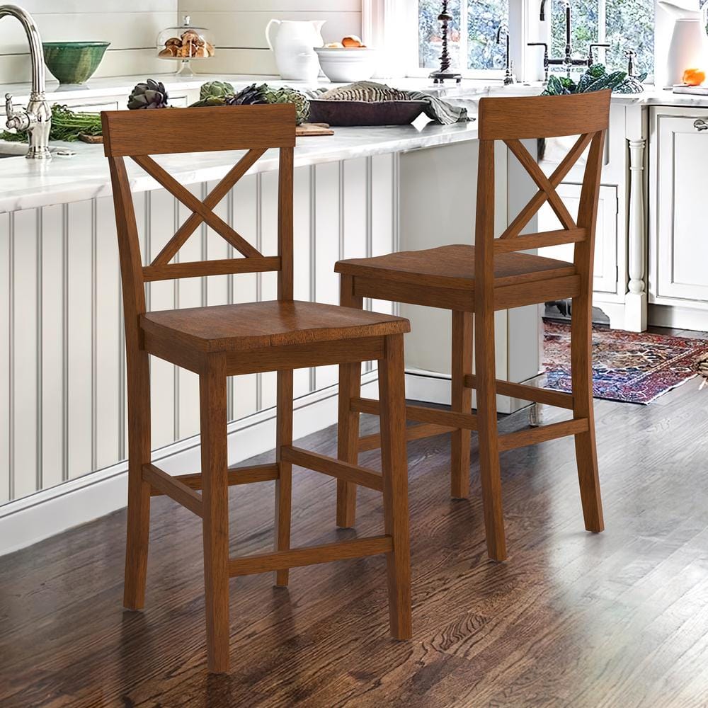 cozyman Ionia 24 in. Light Walnut Wood Counter Height Bar Stool (Set of ...