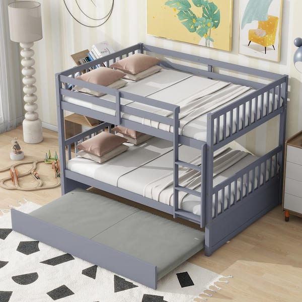 Harper & Bright Designs Gray Wood Full Over Full Bunk Bed with Trundle ...