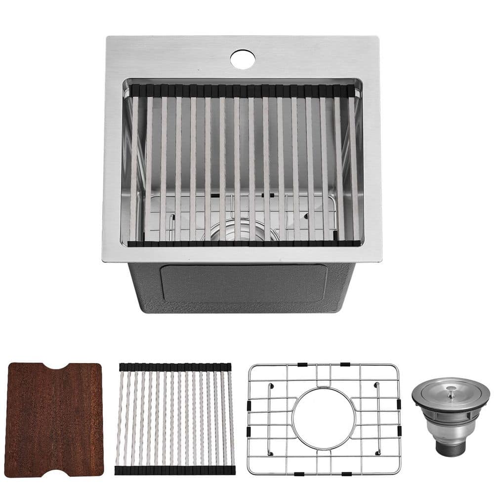 Qidian 15 in. Drop in Single Bowl 20-Gauge Brushed Nickel Stainless ...