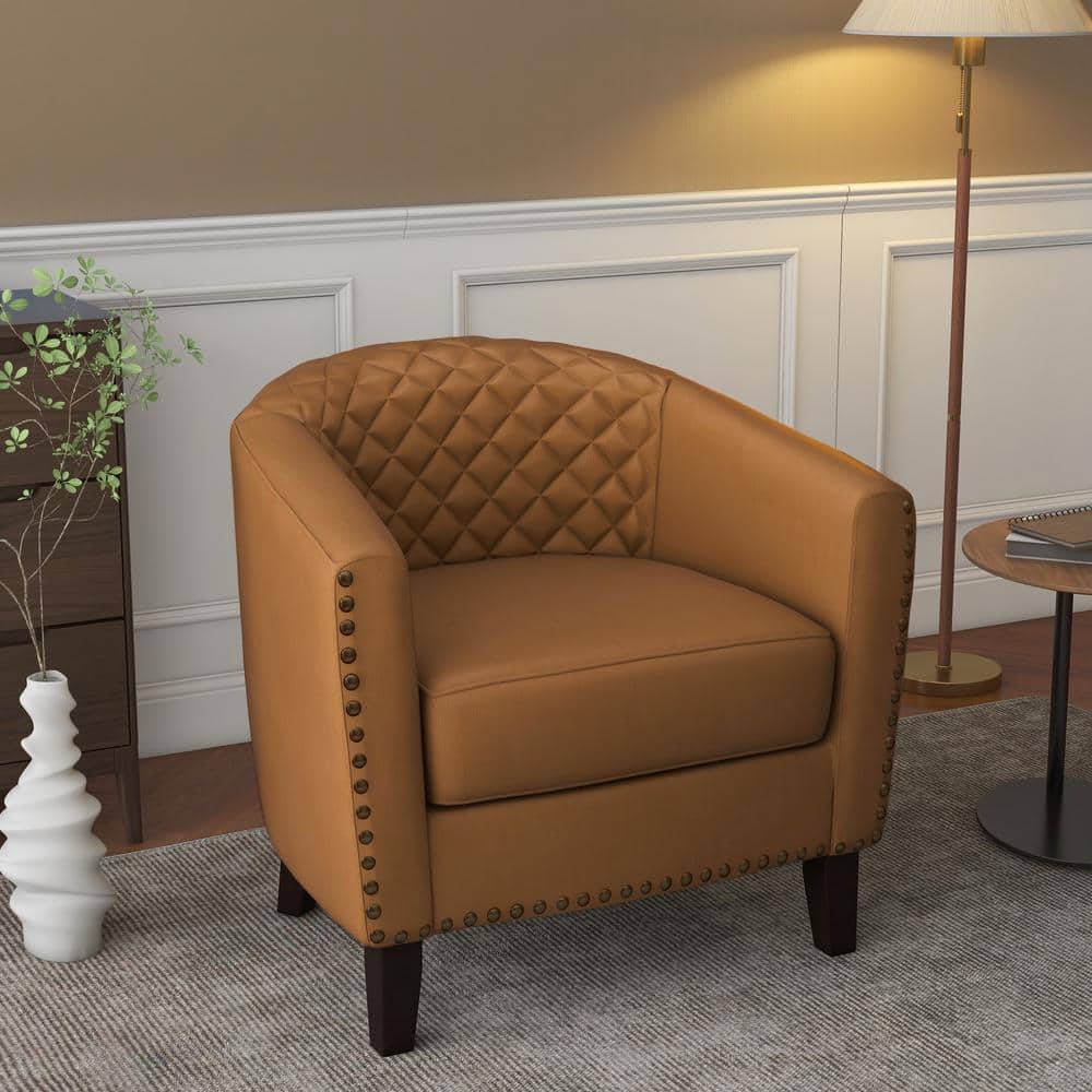 Uixe Modern Coffee Solid Wood Legs PU Leather Upholstered Accent Barrel ...