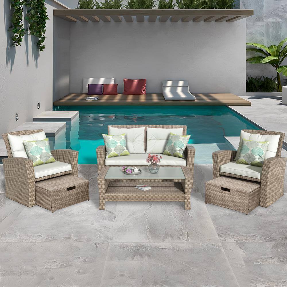 Tenleaf Beige Brown 4-Piece Wicker Patio Conversation Set with Ottoman ...