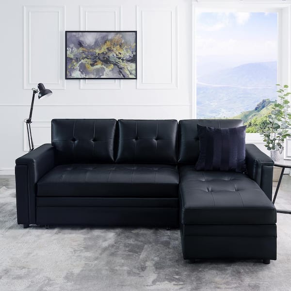 Naomi Home Lily Reversible Sleeper Sectional with Storage and USB Ports Color Black Fabric Air Leather