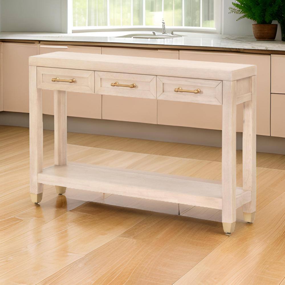 Benjara 11 in. Oak Brown and Gold Rectangle Wooden Console Table with 3 ...