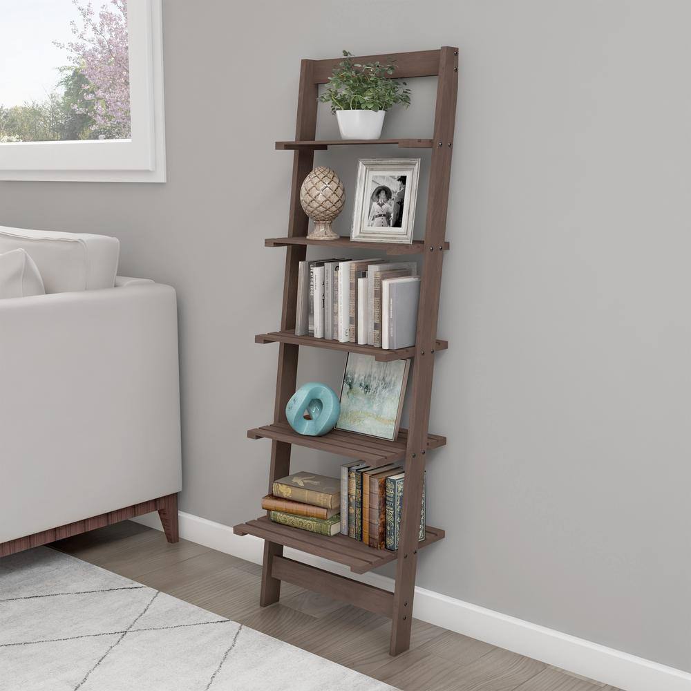 Lavish Home 50 in. Walnut Wood 5-shelf Ladder Bookcase with Open Back ...