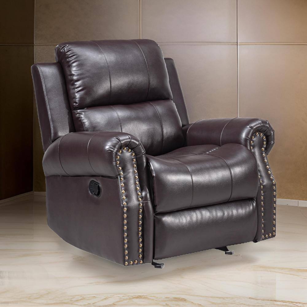 Benjara Brown Upholstery Manual Glider Recliner with Nailhead Trim ...