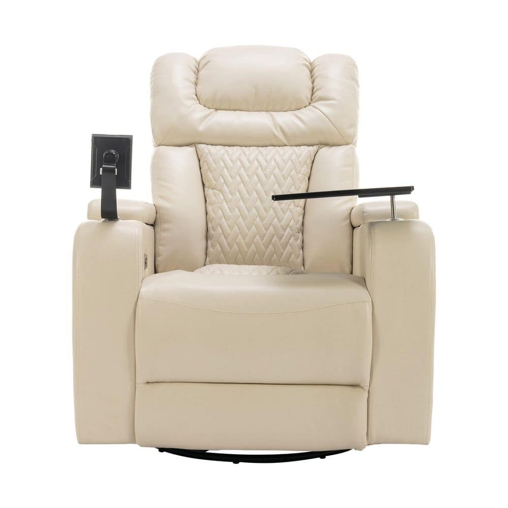 Qualler 270 Degree Swivel White PU Leather Recliner with Phone and Cup ...