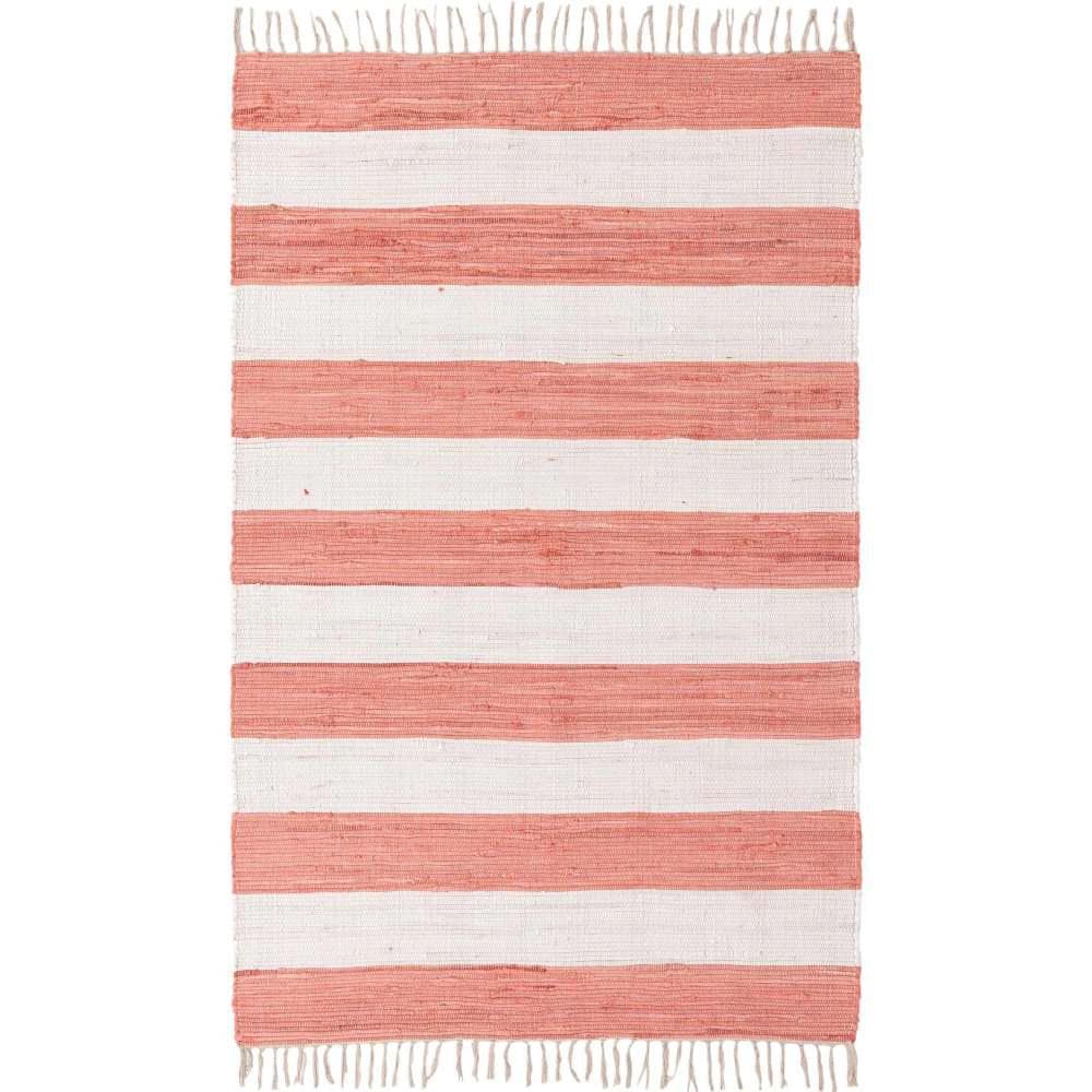 Unique Loom Chindi Rag Striped Coral and Ivory 5 ft. 1 in. x 8 ft. Area ...