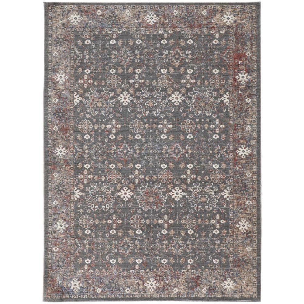 HomeRoots 8 x 10 Gray, Ivory Floral Area Rug 2000514888 - The Home Depot