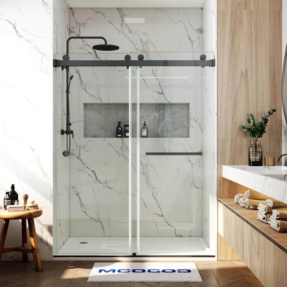 MCOCOD 61-67 in. W x 76 in. H Double Sliding Frameless Smooth Sliding Shower Door in Matte Black ...