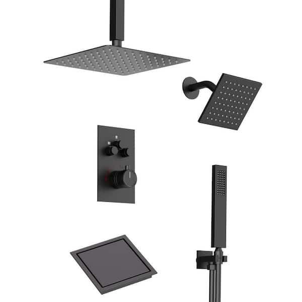 YAWWALK Thermostatic 7-Spray Square Dual Shower Head Ceiling Mount ...