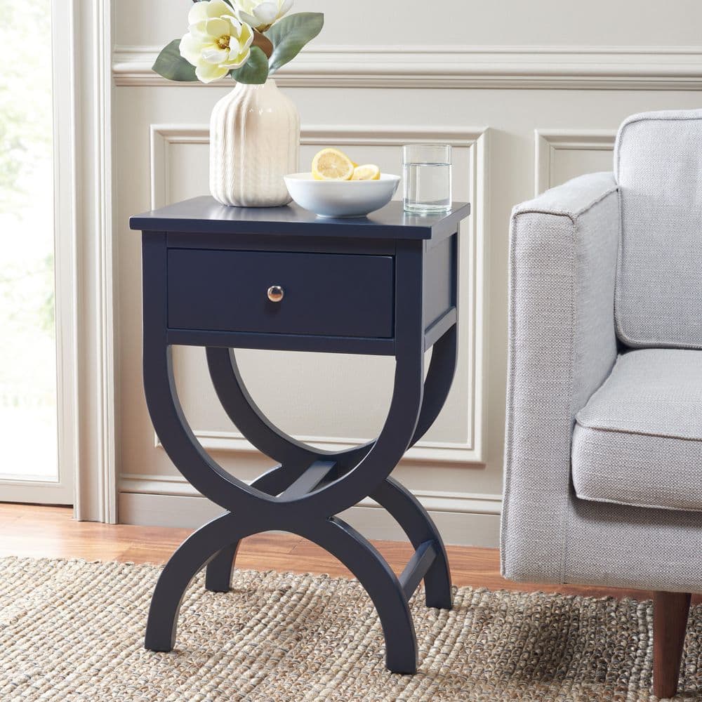 SAFAVIEH Maxine 18 in. Navy Rectangle Wood End Table with 1-Drawer ...