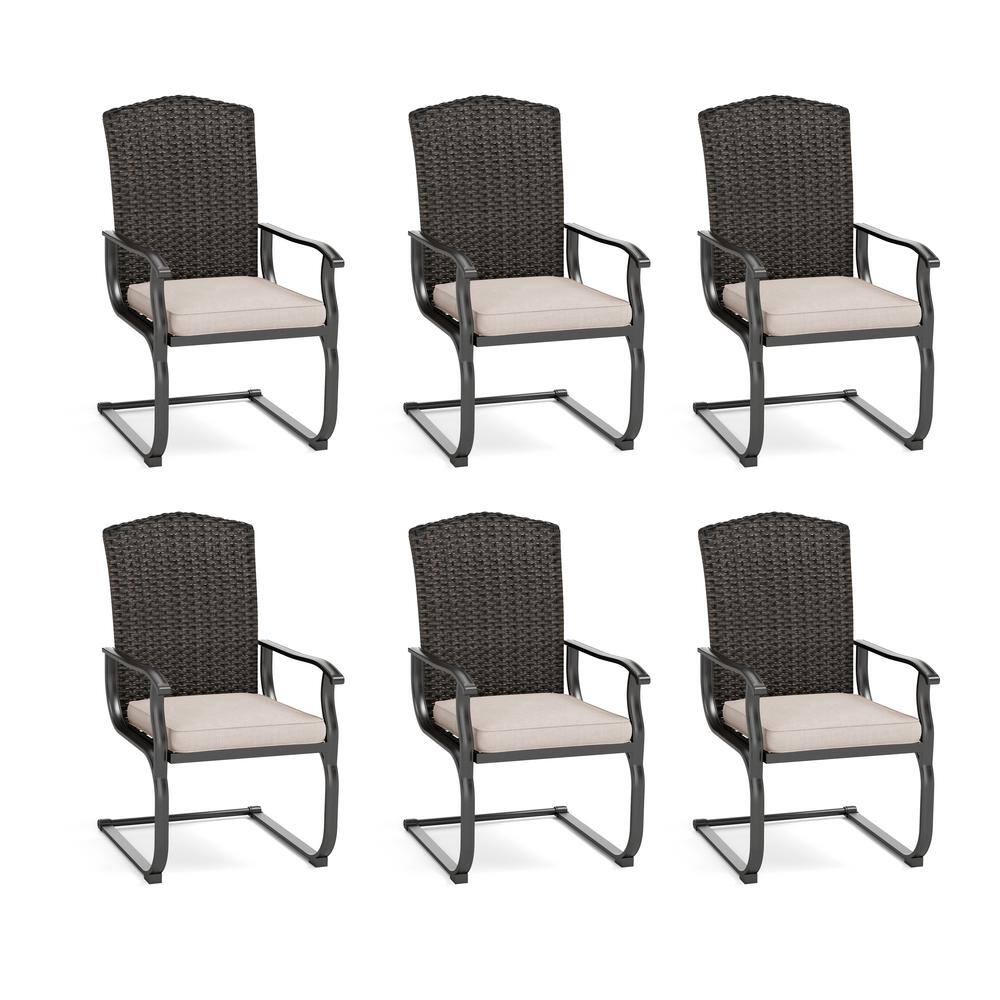 PHI VILLA Black Rattan C-Spring Metal Patio Outdoor Dining Chair with ...