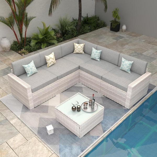 Cesicia Gray 7-Piece Wicker Outdoor Modular Sectional Set with Gray ... Cesicia Gray 7-Piece Wicker Outdoor Modular Sectional Set with Gray ...