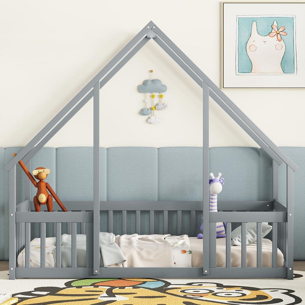Noble House May Grey Wood Frame Twin Size House Kids Bed, Floor Bed ...