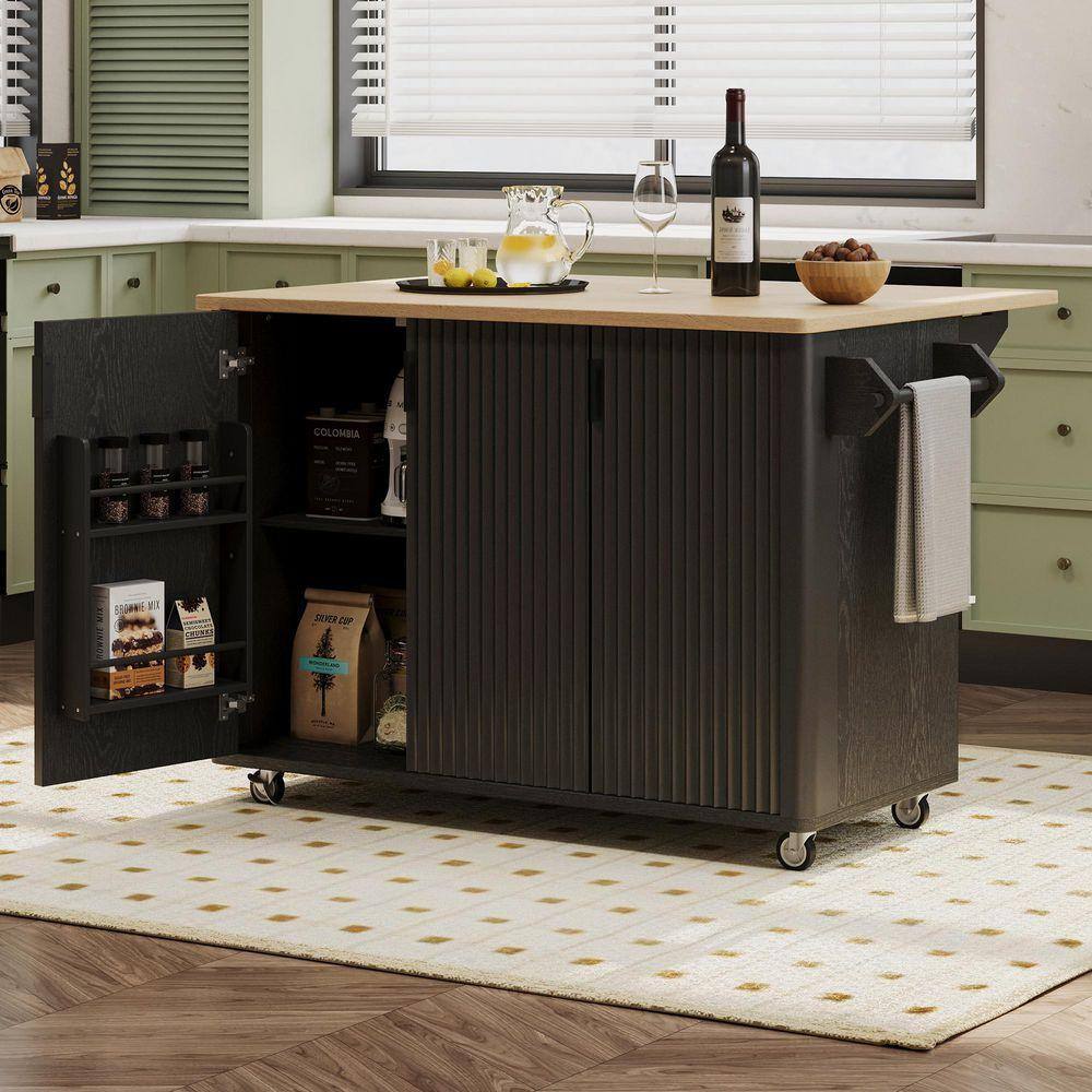 Timussi Black MDF Kitchen Cart with Drop Leaf and Towel Rack TIKKKC41B ...
