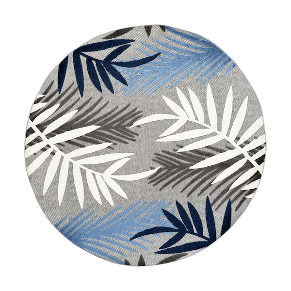 World Rug Gallery Evora Palm Frond Blue 6 ft. Round Indoor/Outdoor Area ...
