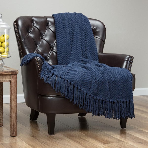 CHANASYA Textured Knit Dress Blue Acrylic Polyester Throw Blanket with ...