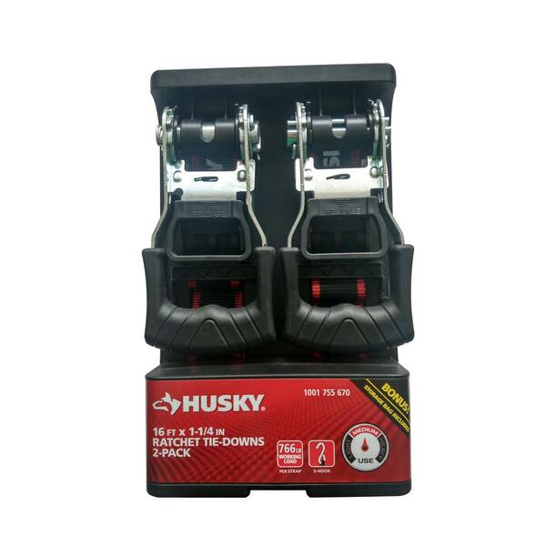 Husky 16 ft. x 1-1/4 in. Ratchet Tie-Down Straps with S Hook (2-Pack ...