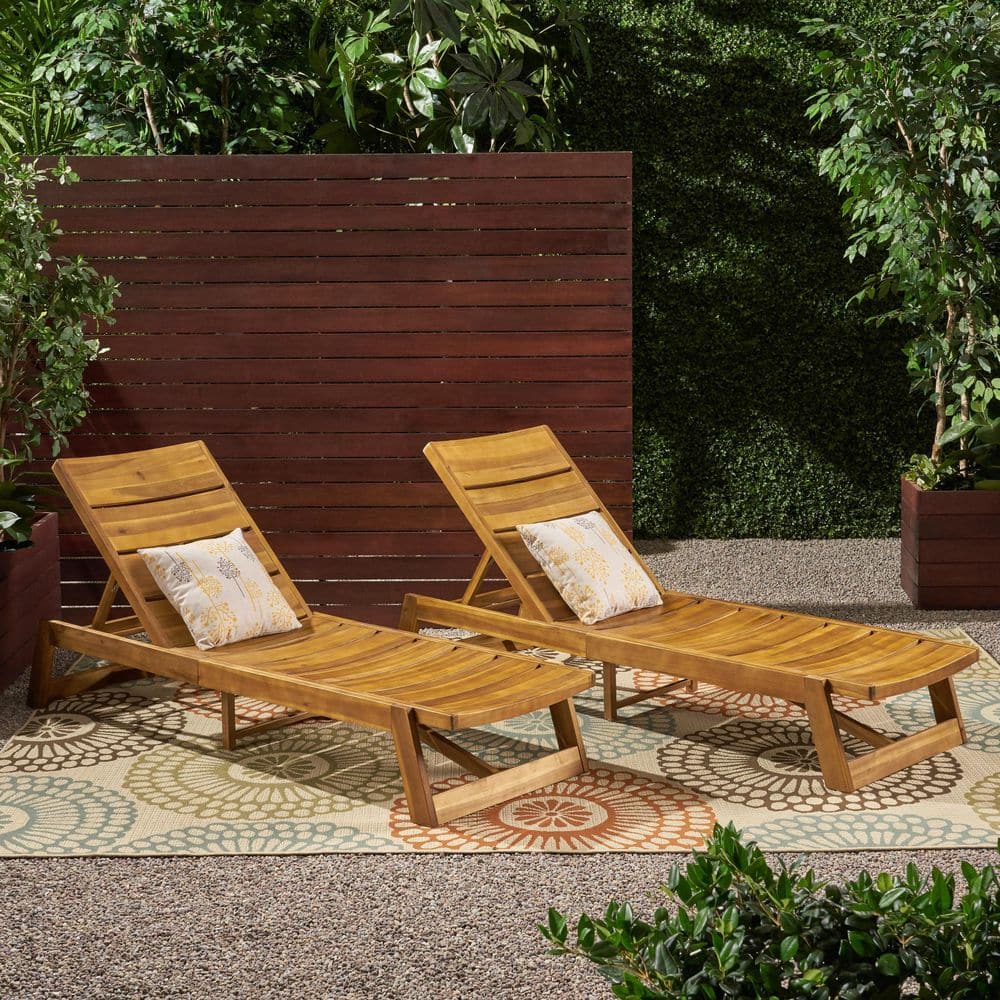 Mondawe 2-Piece Yellow Brown Acacia Wood Adjustable Outdoor Chaise ...