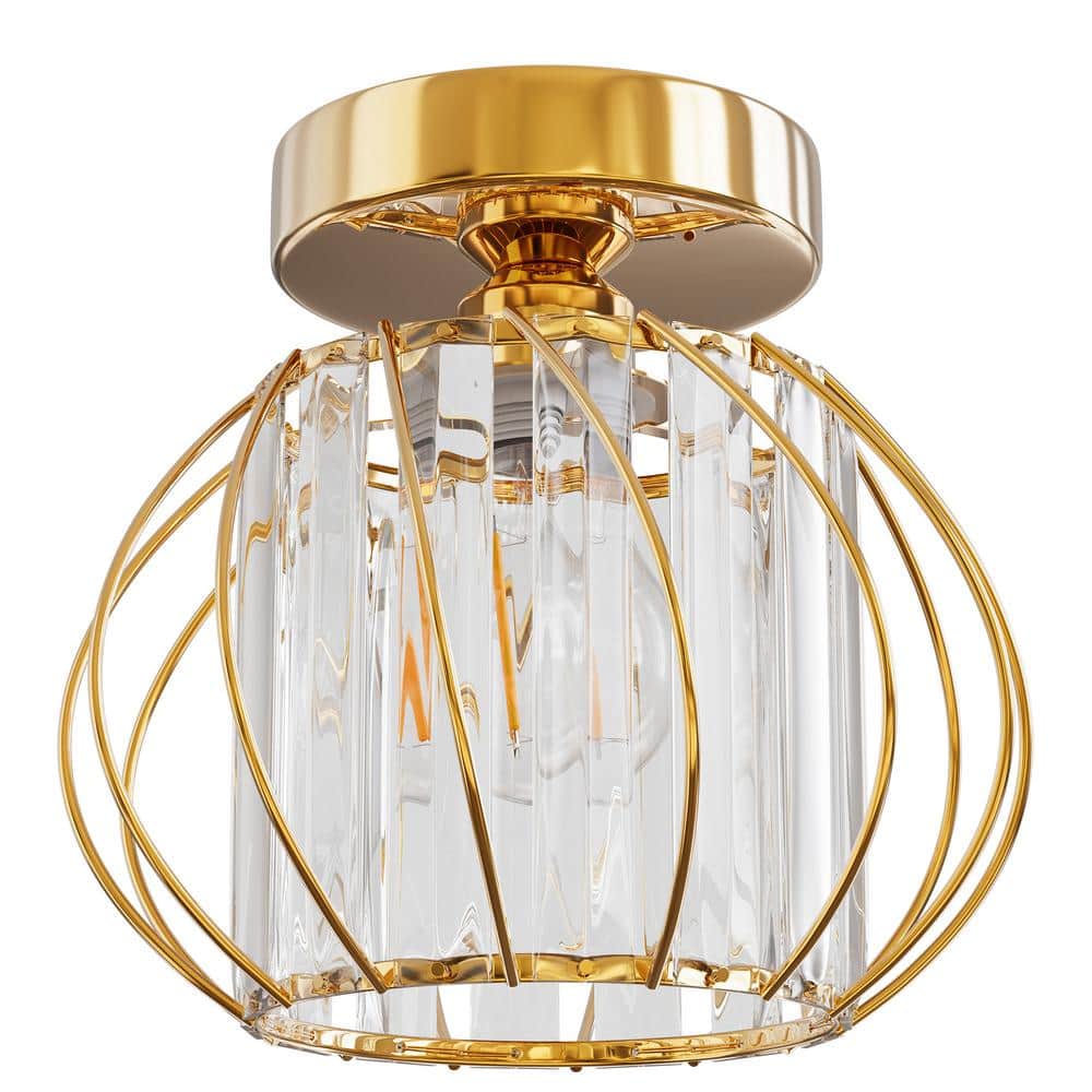 YANSUN 7 in. 1-Light Modern Crystal Semi Flush Mount Ceiling Light，Gold ...