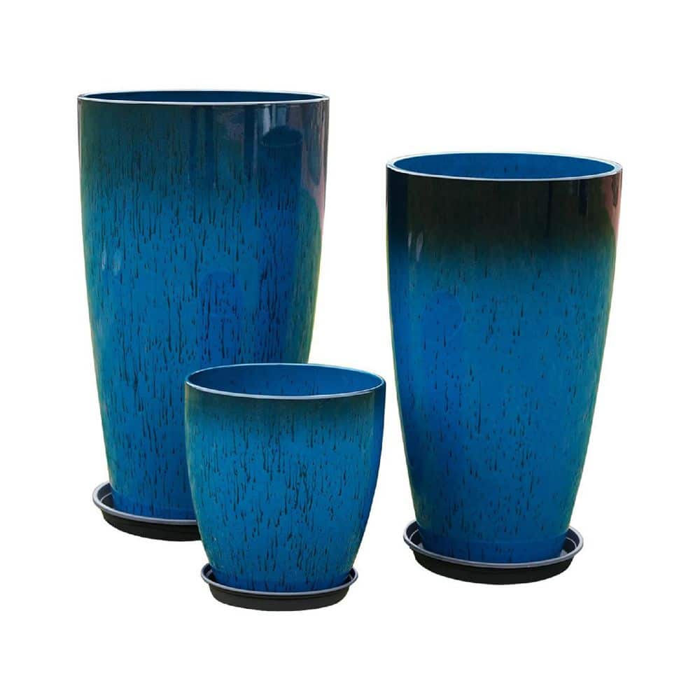 24,21,11 in. Large Plastic Planters Set with Drainage Hole and Saucer ...