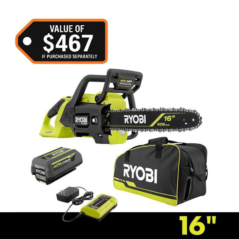 RYOBI 40V HP Brushless 16 in. Battery Chainsaw with Universal Chainsaw ...