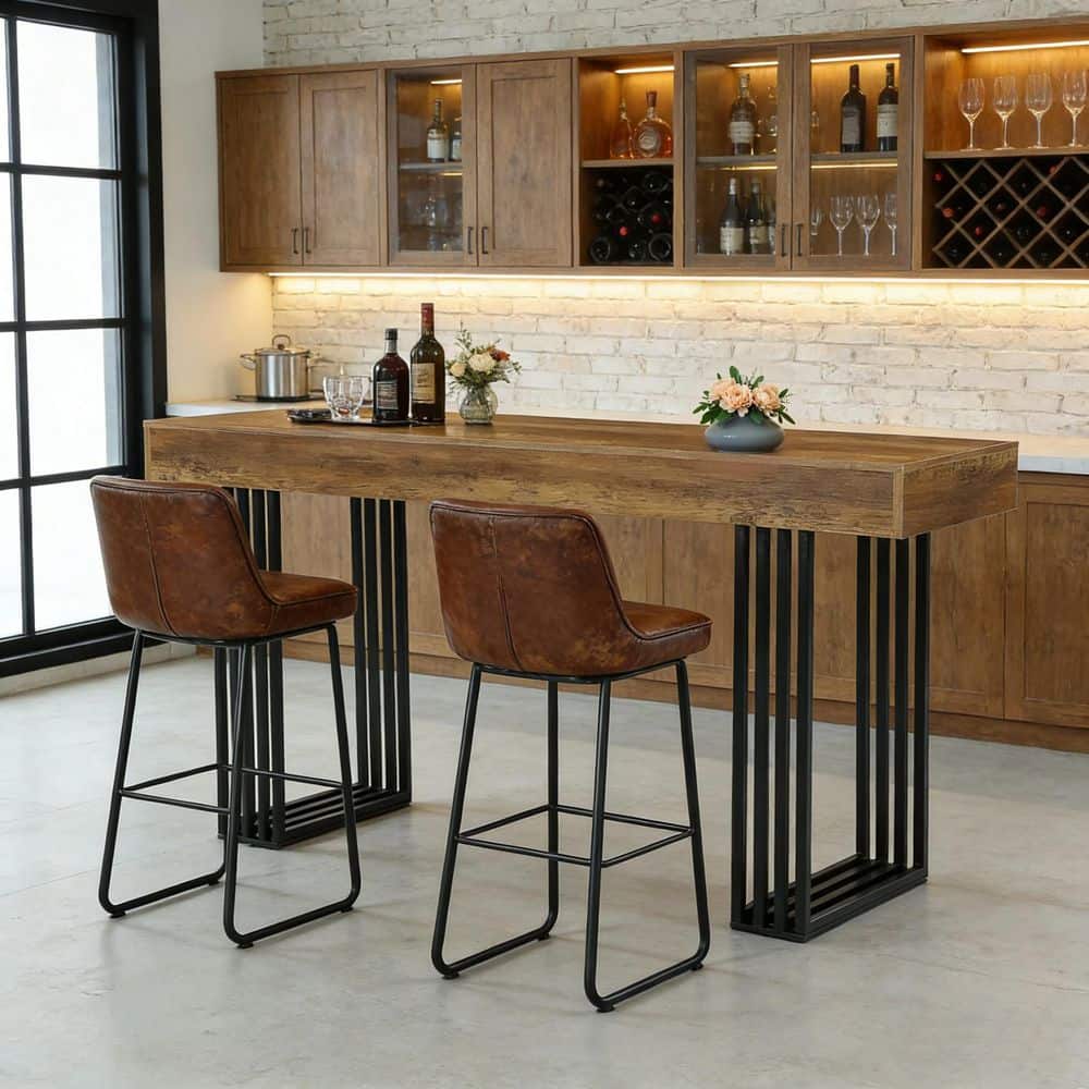 BYBLIGHT Kearsten 39.4 in. H Brown Rectangle Home Bar Table Pub Table ...