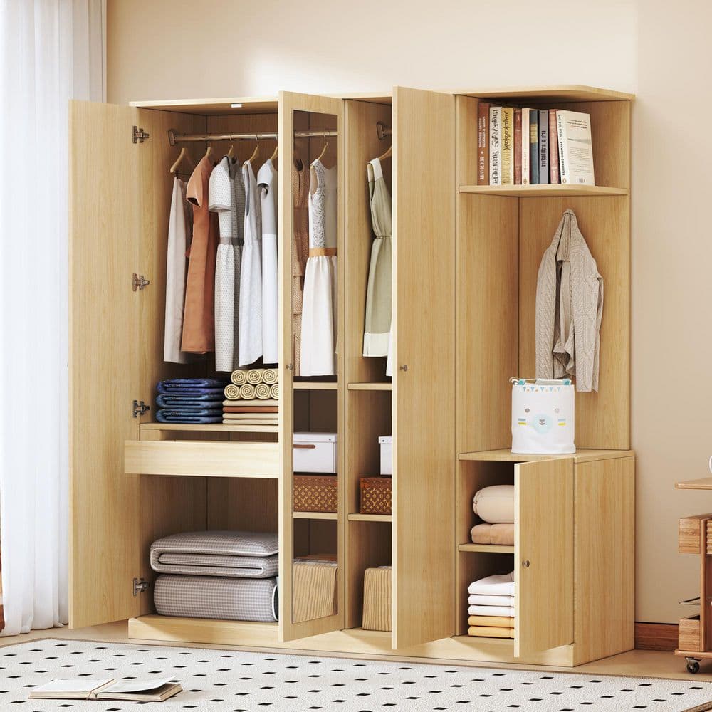 Nestfair 4-Door Natural Brown 58.9 in. Wardrobe with Shelves, Drawers ...
