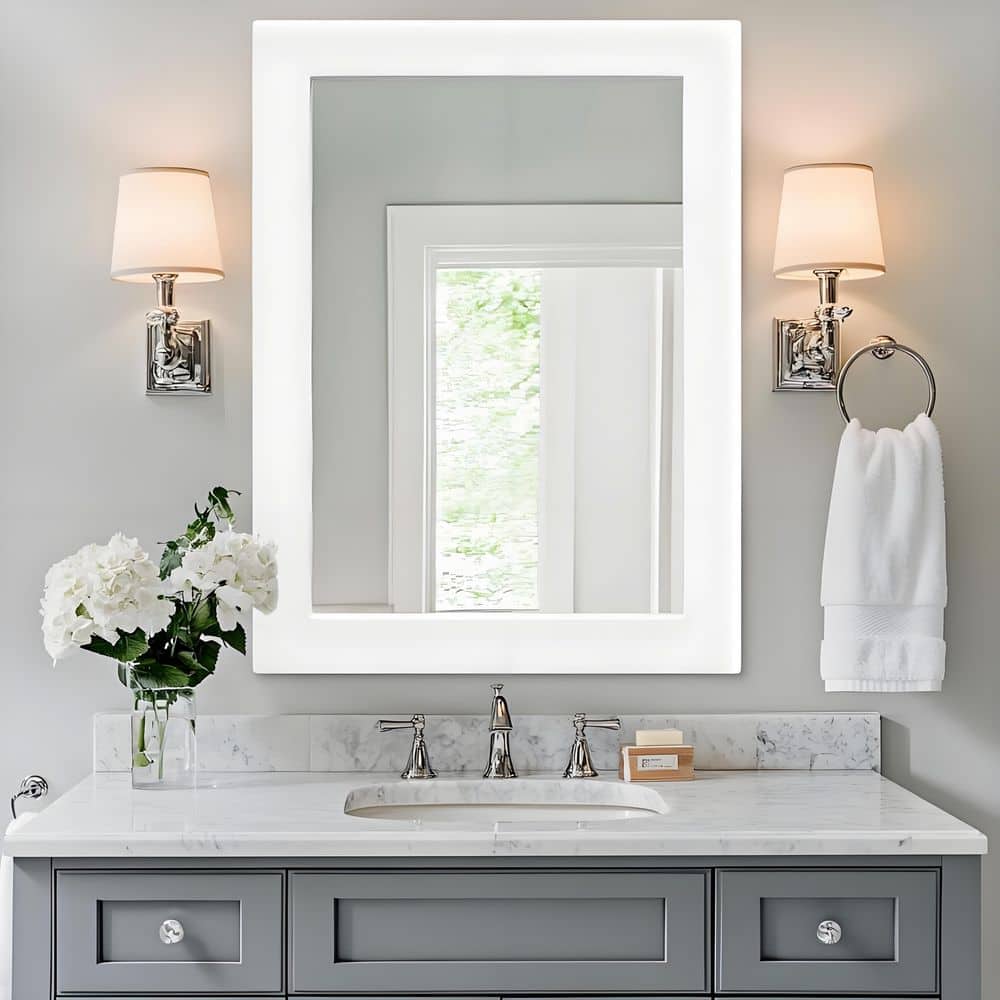Sxiawe 30 in. W x 40 in. H Simple Rectangular White Wood Frame Bathroom ...