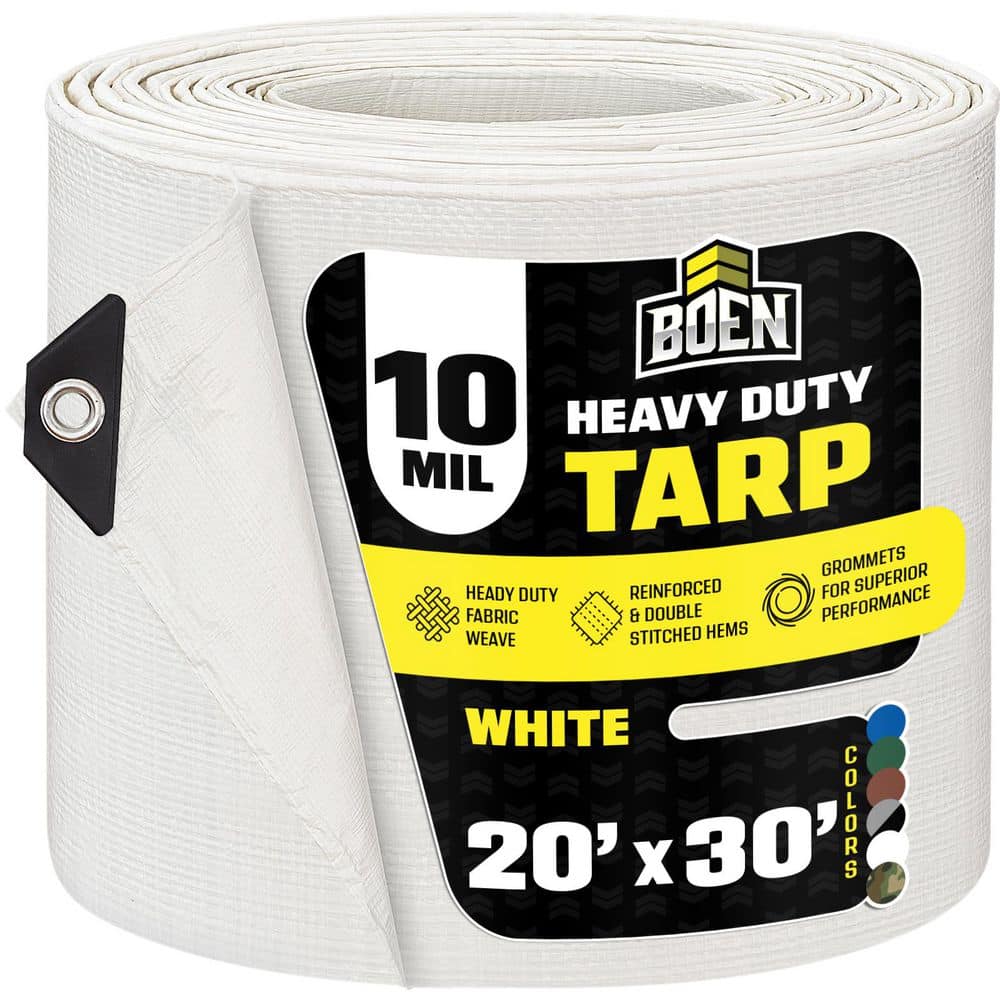 BOEN 20 ft. x 30 ft. Heavy-Duty Commercial White Tarp Cover 10 Mil ...