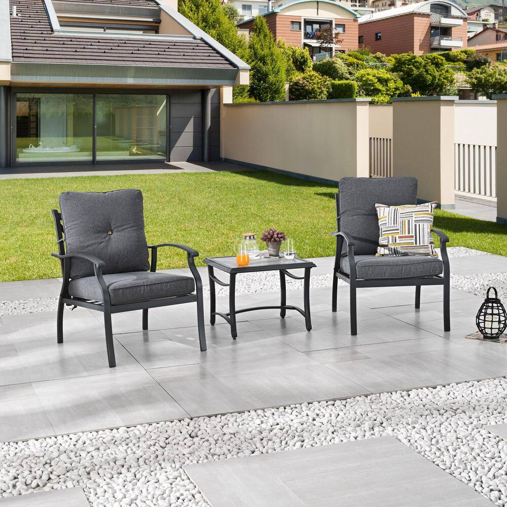 TOP SPACE 3-Piece Outdoor Chat Set with Dark Gray Cushioned Armchairs ...