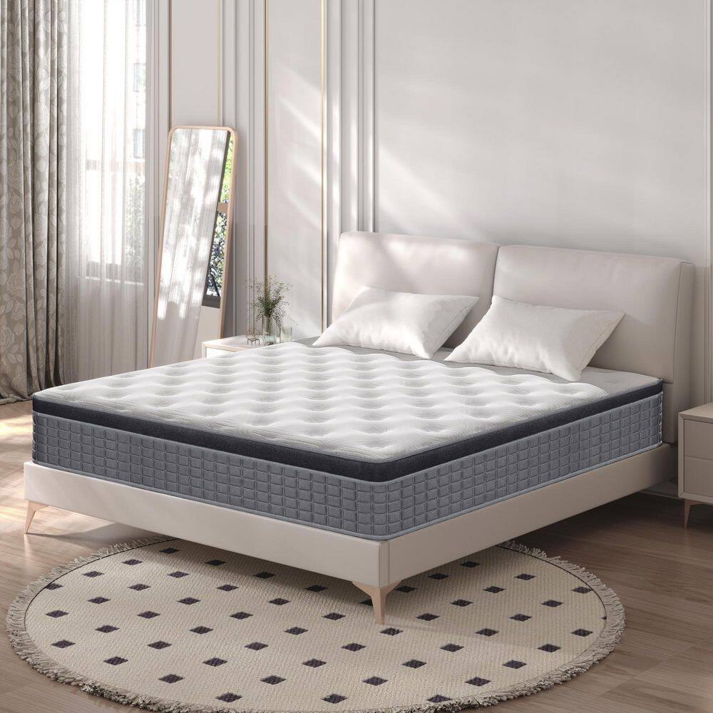 Light Gray Plaid Queen Medium Memory Foam Hybrid 10 in. Bed-in-a-Box ...