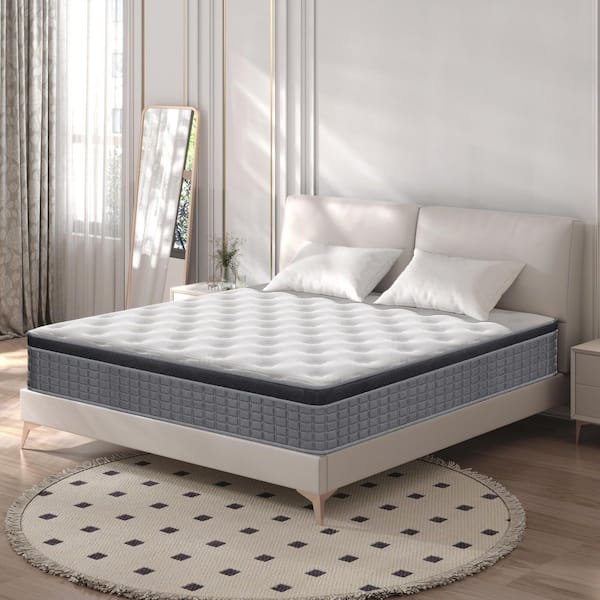 Light Gray Plaid Full Medium Memory Foam Hybrid 10 in. Bed-in-a-Box ...
