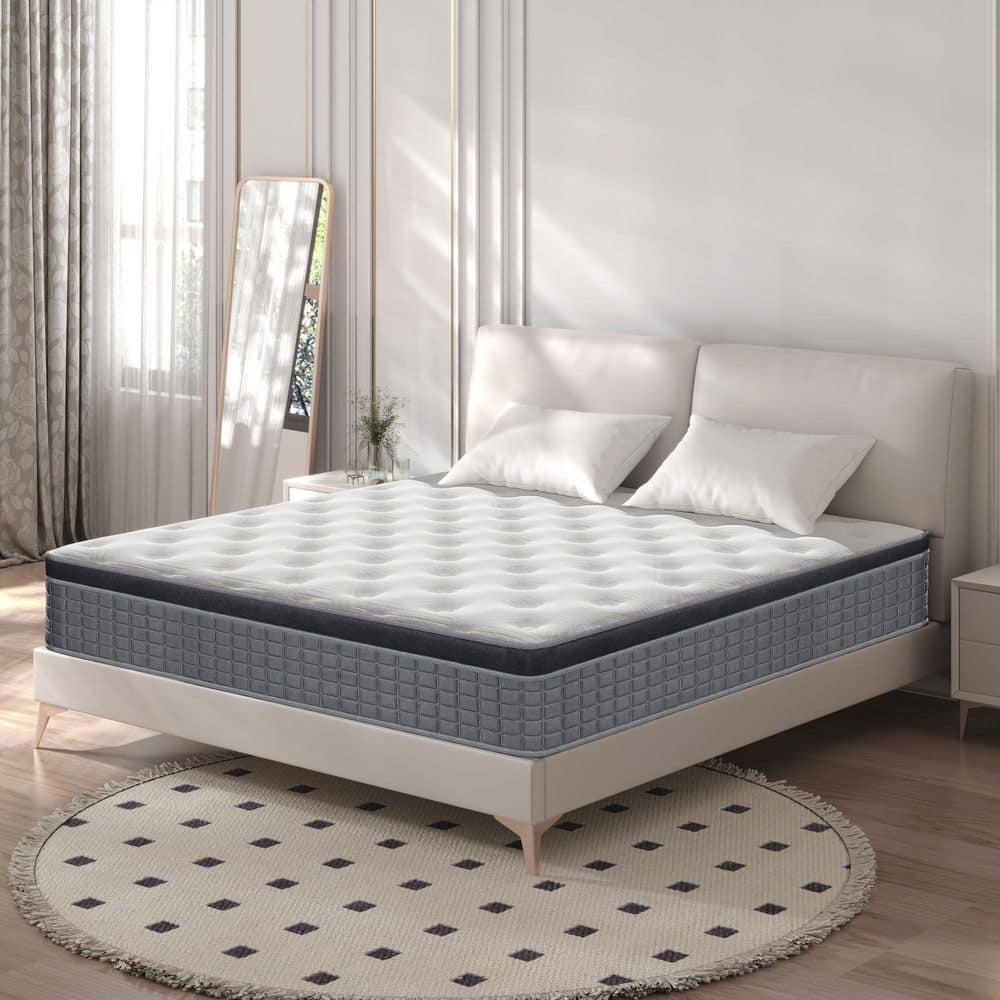 Light Gray Plaid Queen Medium Memory Foam Hybrid 12 in. Bed-in-a-Box ...