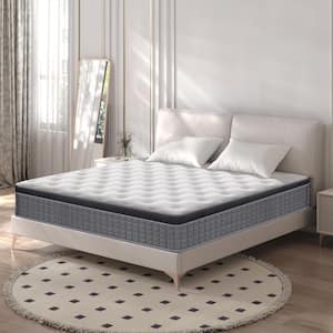 Light Gray Plaid Queen Medium Memory Foam Hybrid 10 in. Bed-in-a-Box ...