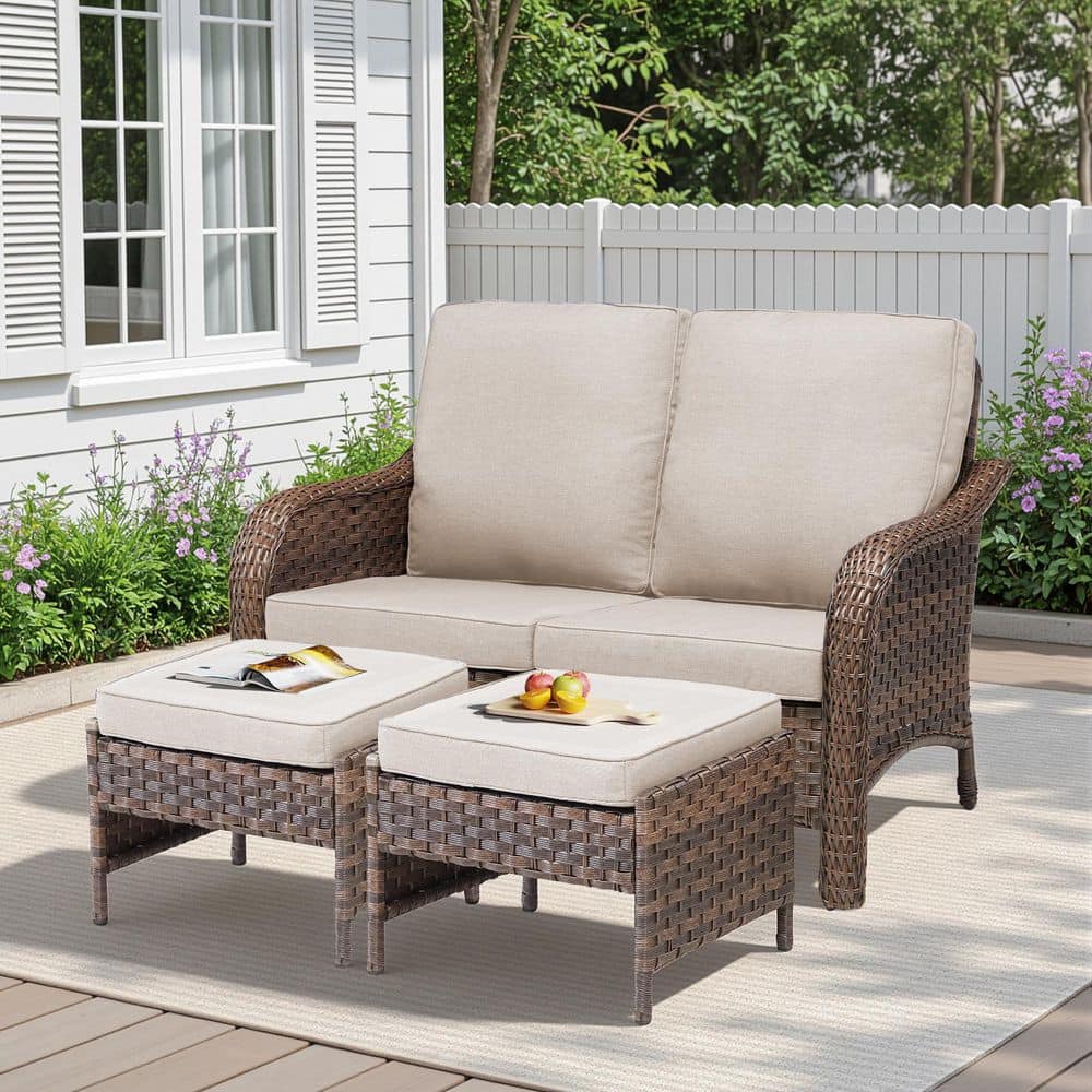 Gymojoy Rainf Brown 2-Piece Wicker Outdoor Loveseat Furniture Set Patio ...