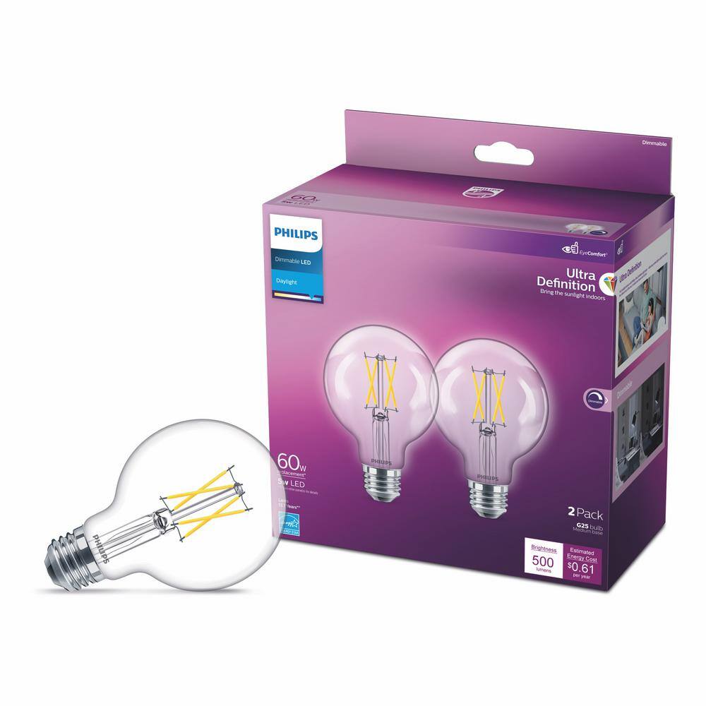 Philips 60-Watt Equivalent Ultra Definition G25 Clear Glass Dimmable ...