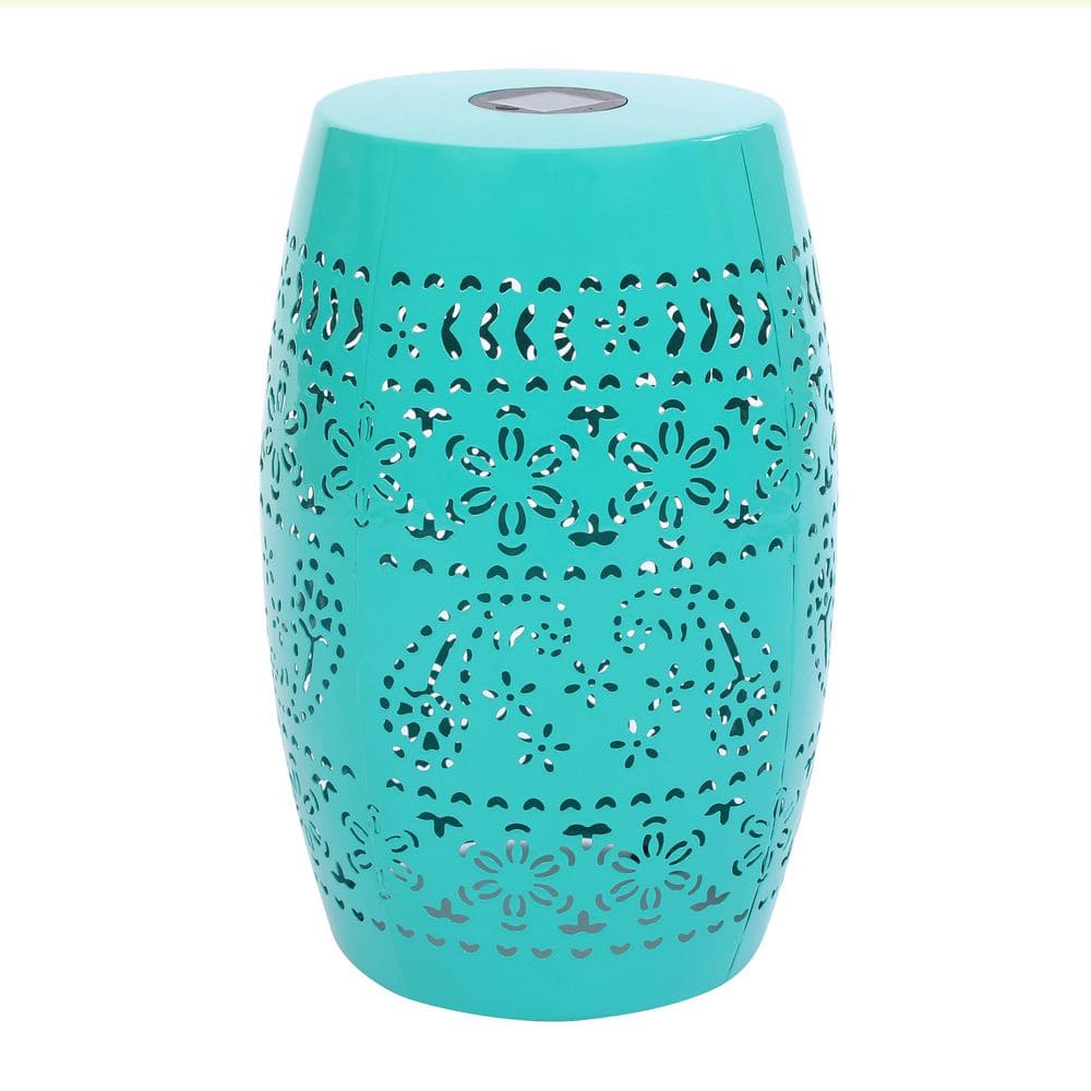 Teal Round Metal Outdoor Solar Side Table with Built-in Solar Battery ...