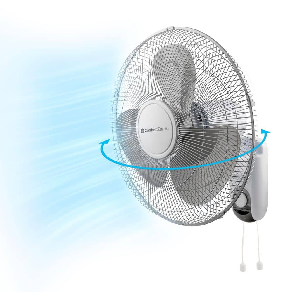 Comfort Zone 16 in. White Oscillating 3-Speed Wall-Mount Fan with ...