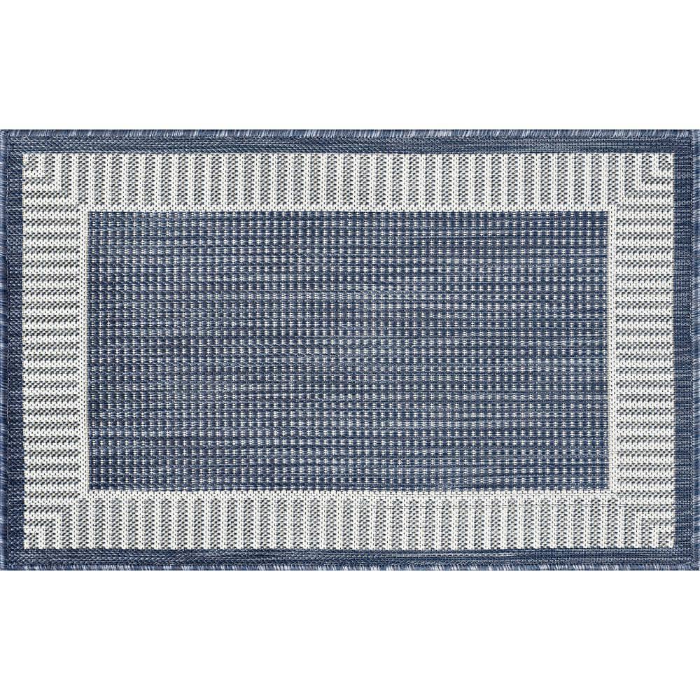 Tayse Rugs Eco Striped Border Navy 2 ft. x 3 ft. Indoor/Outdoor Area ...