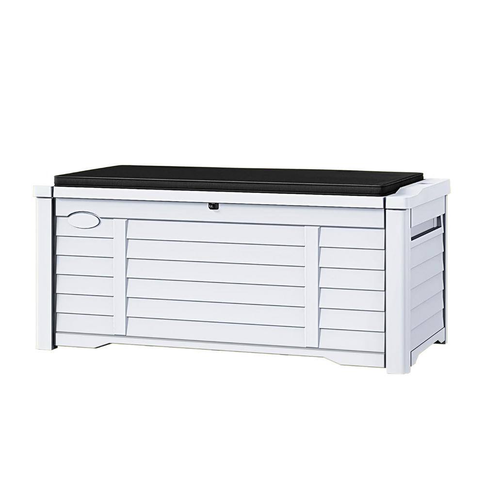 120 Gal. Large White Resin Deck Box with Cushion and Lockable Lid ...