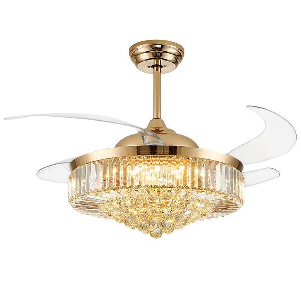 WDETR 52 in. Indoor Gold Smart Retractable Crystal Ceiling Fan with ...