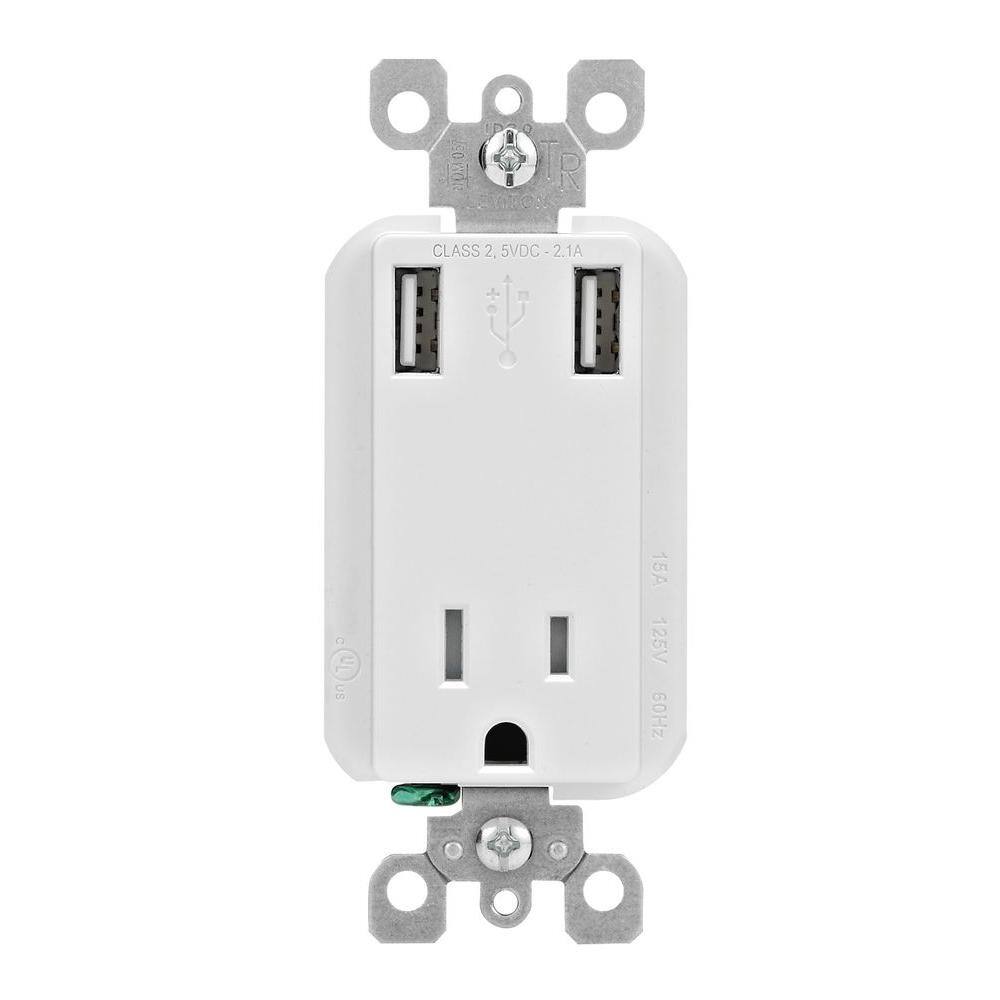Leviton 15 Amp Tamper-Resistant Combo Outlet/USB Charger - White R02 ...