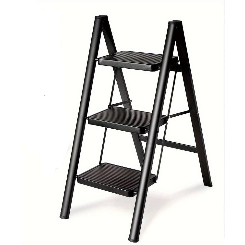 Tidoin 2.7 ft. Black Aluminium Folding 3 Step Ladder (6 ft. Reach), 300 ...