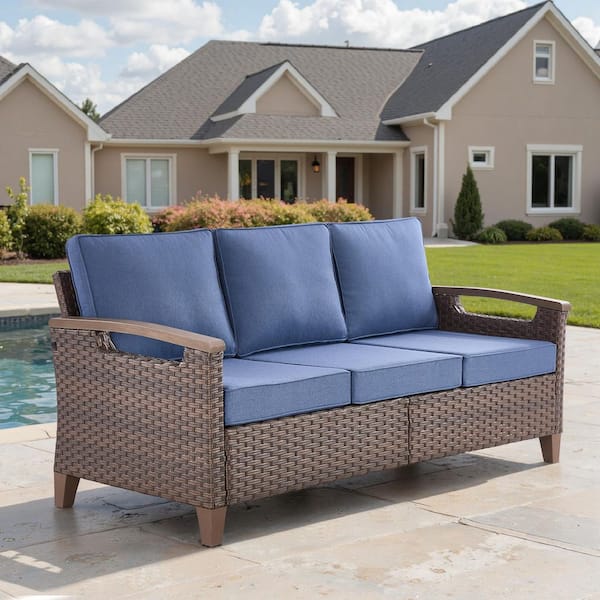 Bellefurn Concave All-Weather Brown Wicker Outdoor Couch, 3-Seat Patio ...