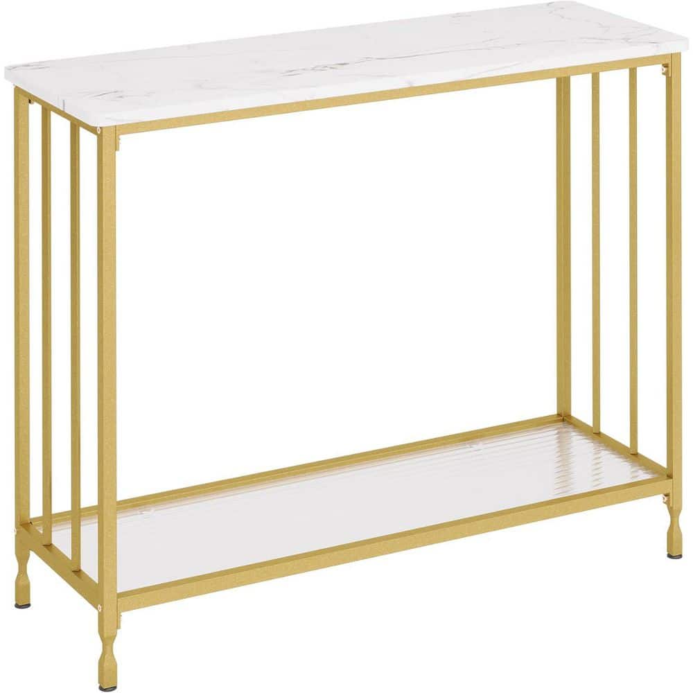 33.5 in. Gold Rectangle Wood Console Table with Glass Shelf and Metal ...