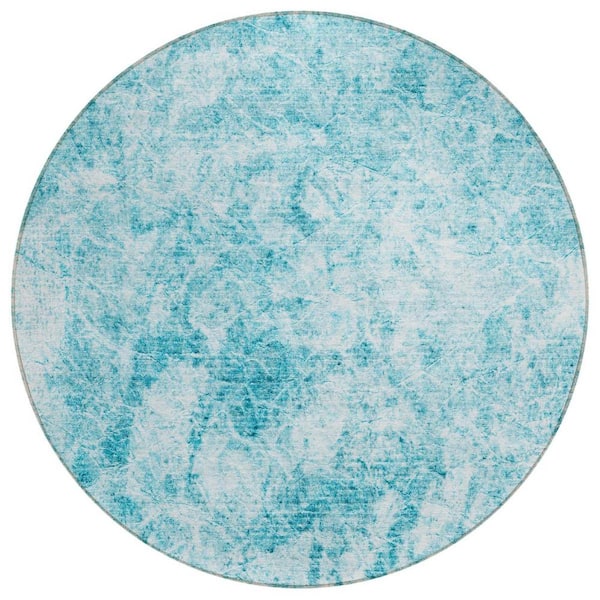 HomeRoots Teal 8 ft. Round Woven Abstract Round Indoor/Outdoor Area Rug ...