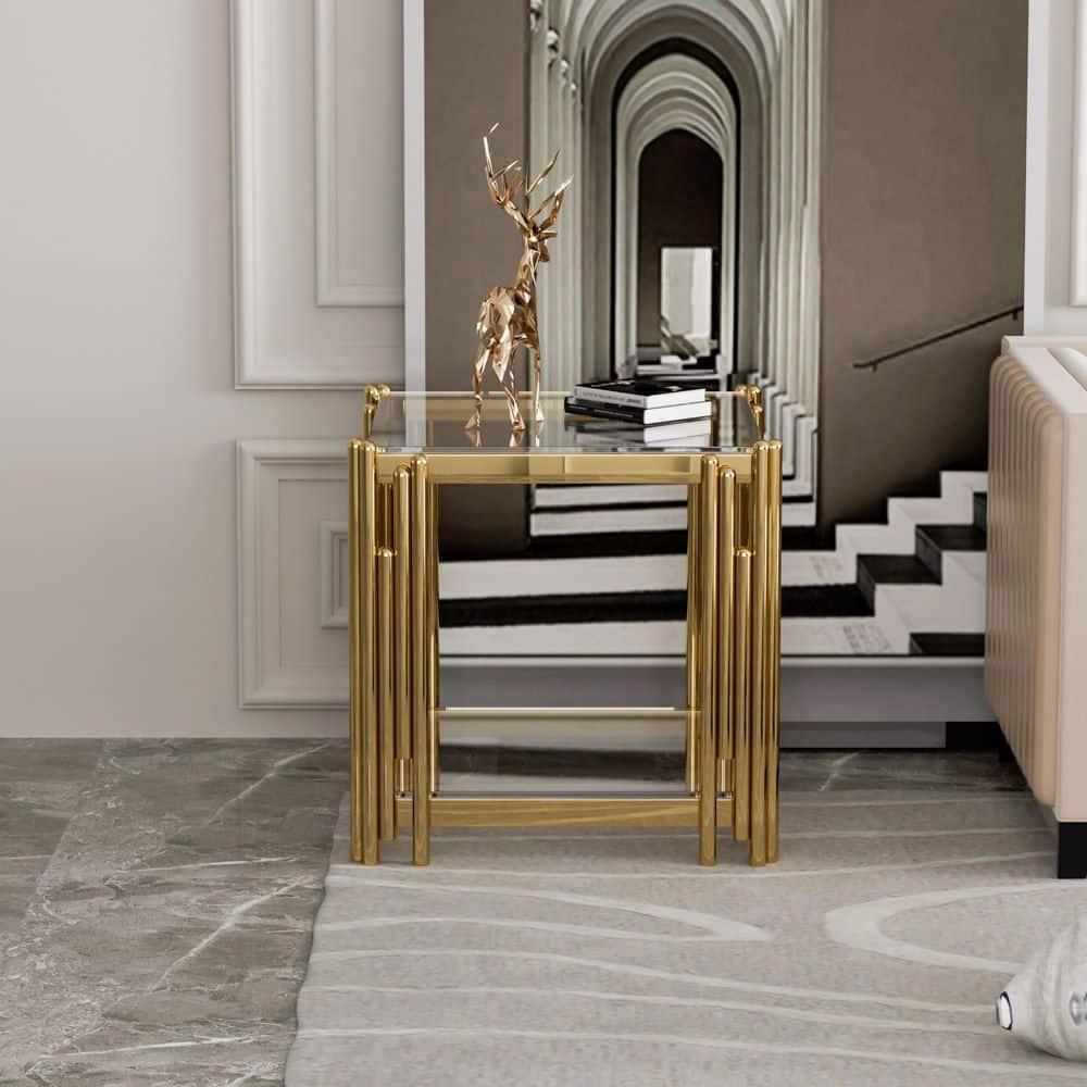 Seafuloy 20 in. Clear Square Glass Coffee Table with Tempered Glass and Stainless Steel Legs, 2 ...