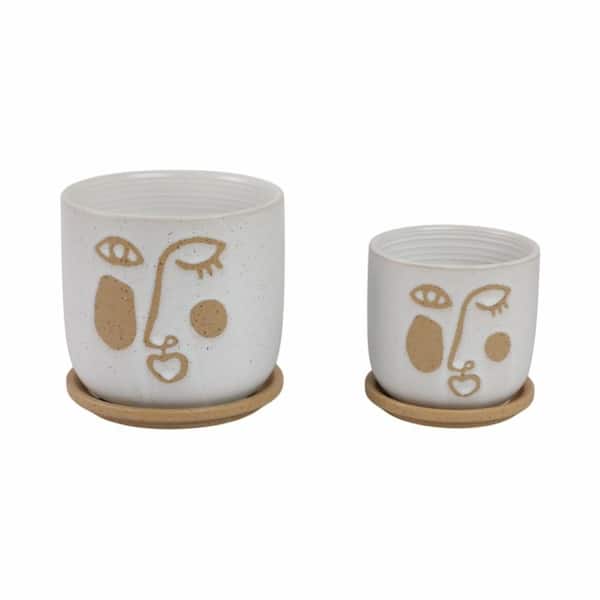 Liv & Skye 6 in. x 6 in. Ivory Stoneware Funky Face Decorative Pots ...