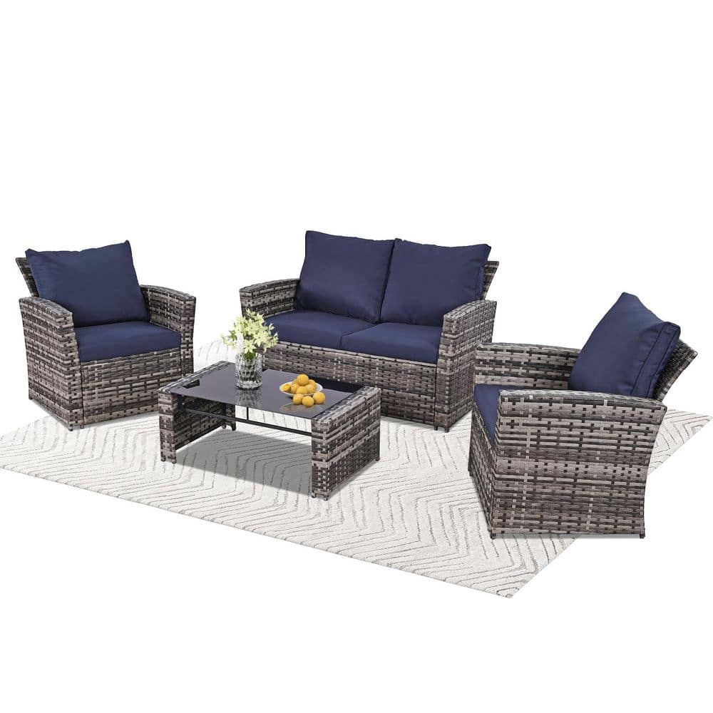 4-Piece Flower Gray Wicker Patio Conversation Set with Blue Cushions and Coffee Table for ...